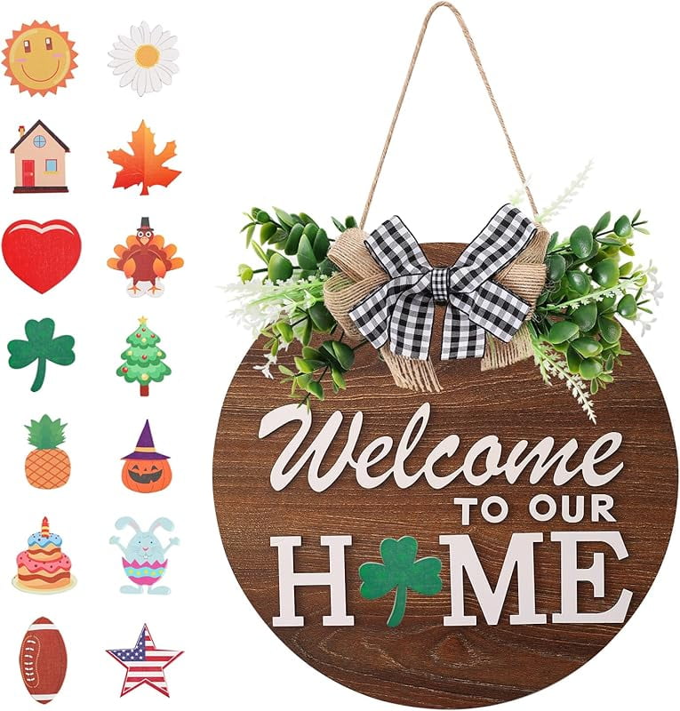 Interchangeable Welcome Sign for Front Door with 4 Seasonal Wreaths and ...