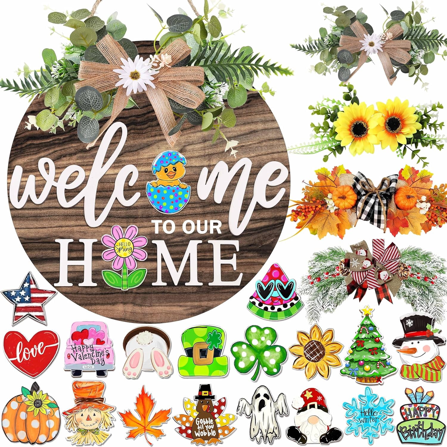 Interchangeable Welcome Sign for Front Door with 4 Seasonal Wreaths and ...