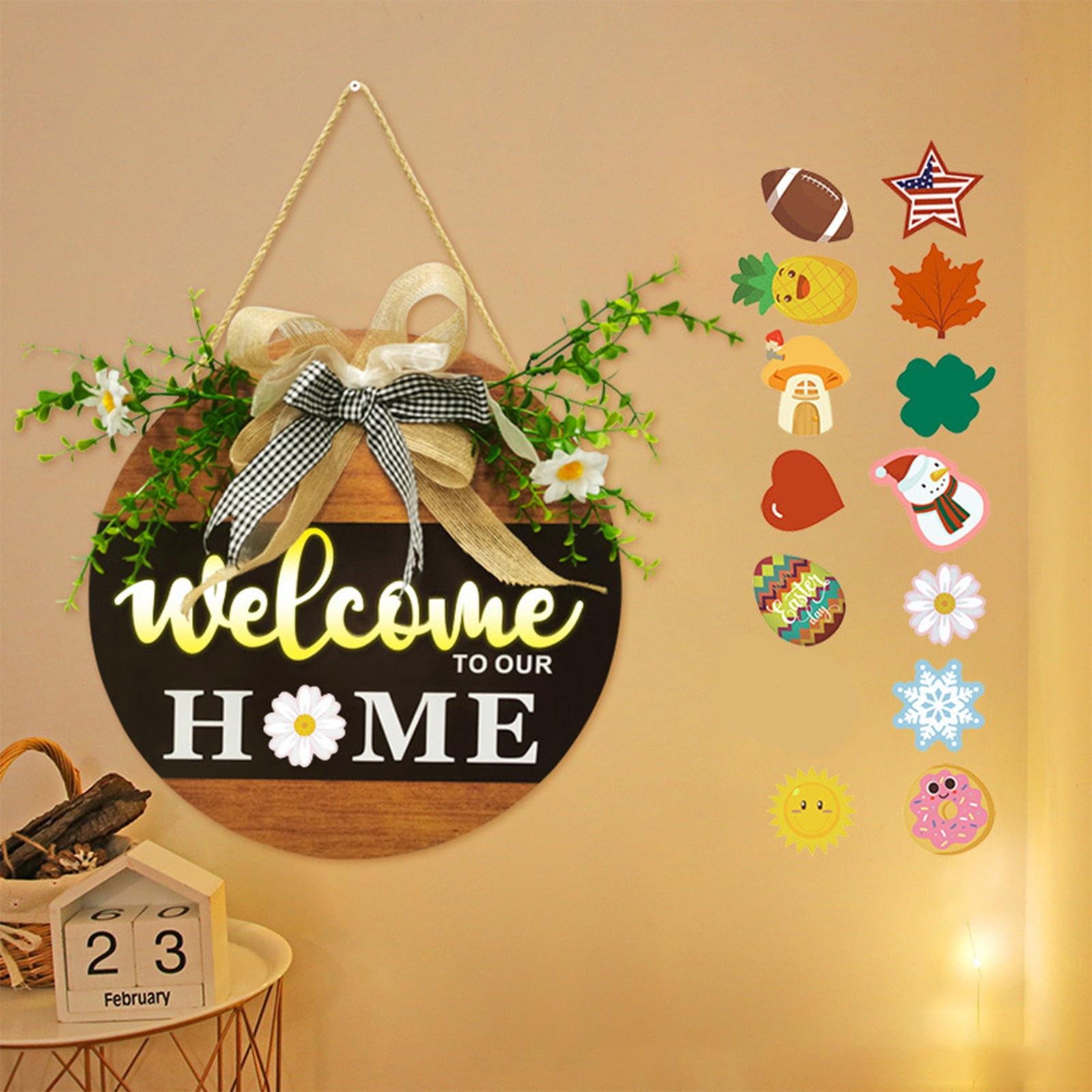 Interchangeable Welcome Sign Wreaths with LED | 12" Solid Wood Round ...
