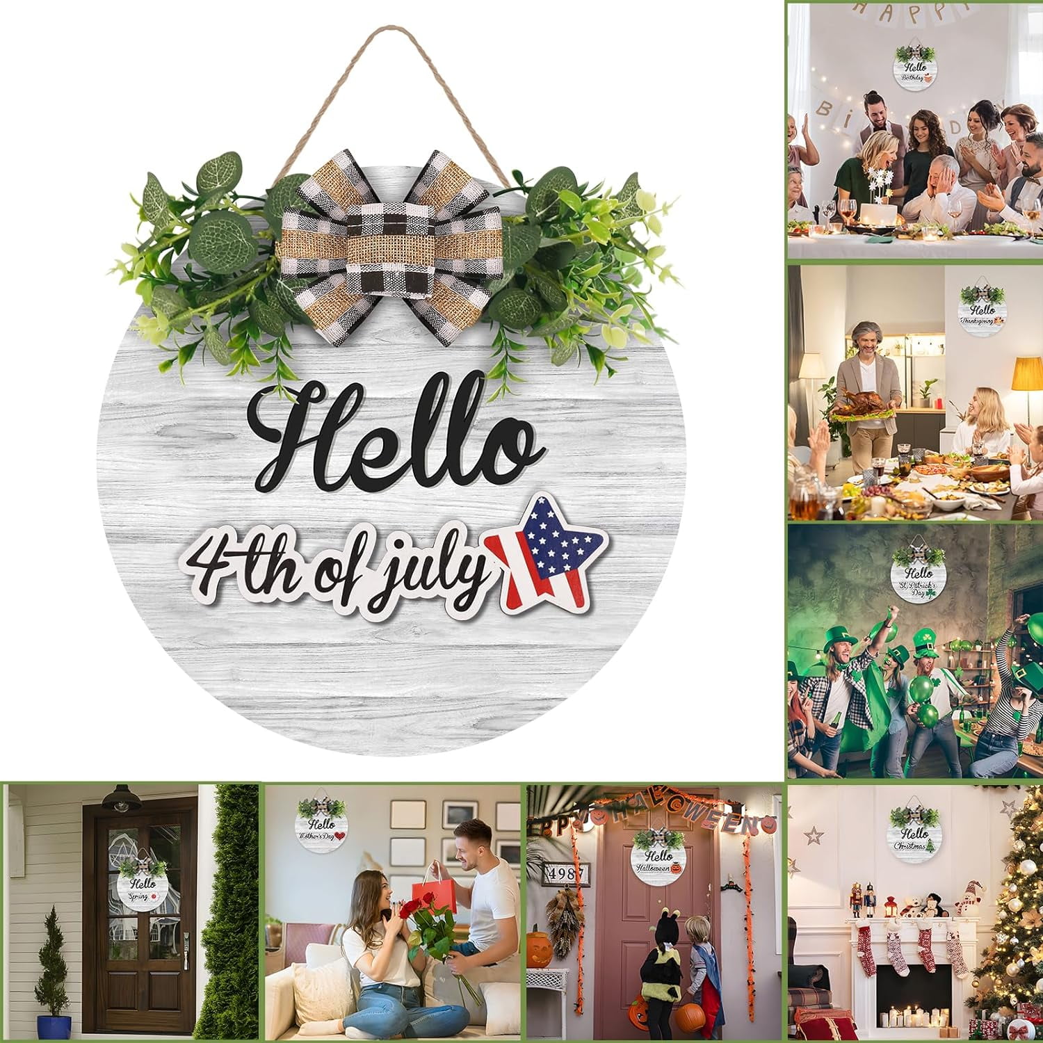 Interchangeable Wooden Seasonal Hello Sign, Rustic Round Welcome Front ...