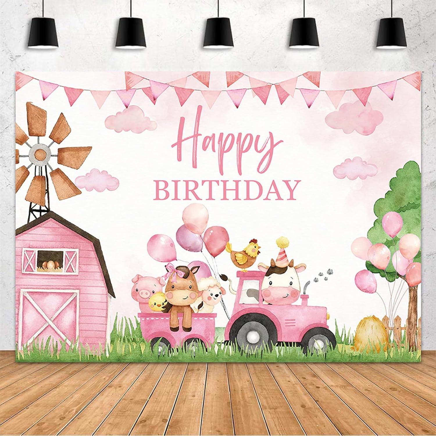 Interesting Farm Animal Happy Birthday Backdrop for Girl Pink Barn ...