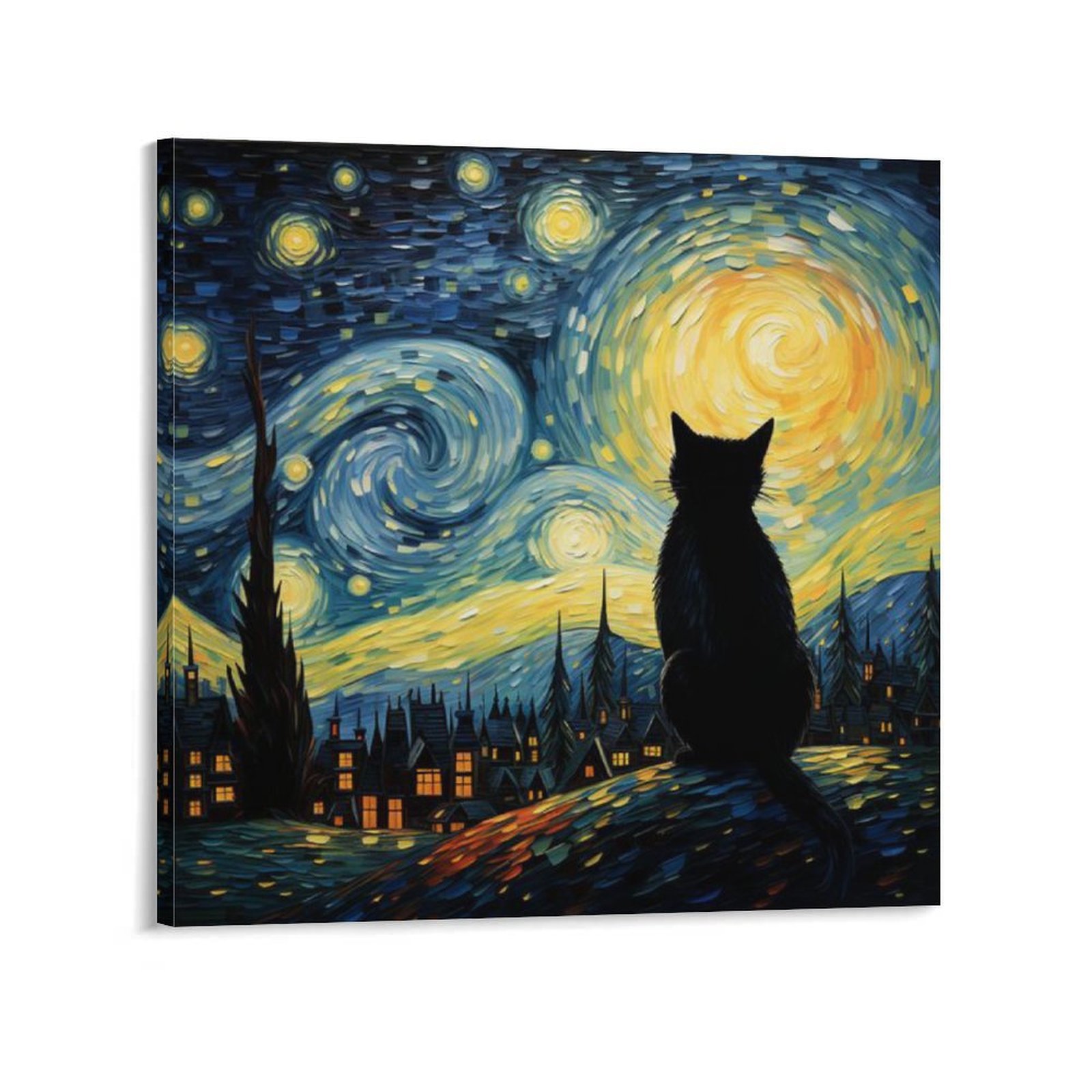 Interesting Wall Art Starry Night Black Cat Abstract Canvas Painting ...