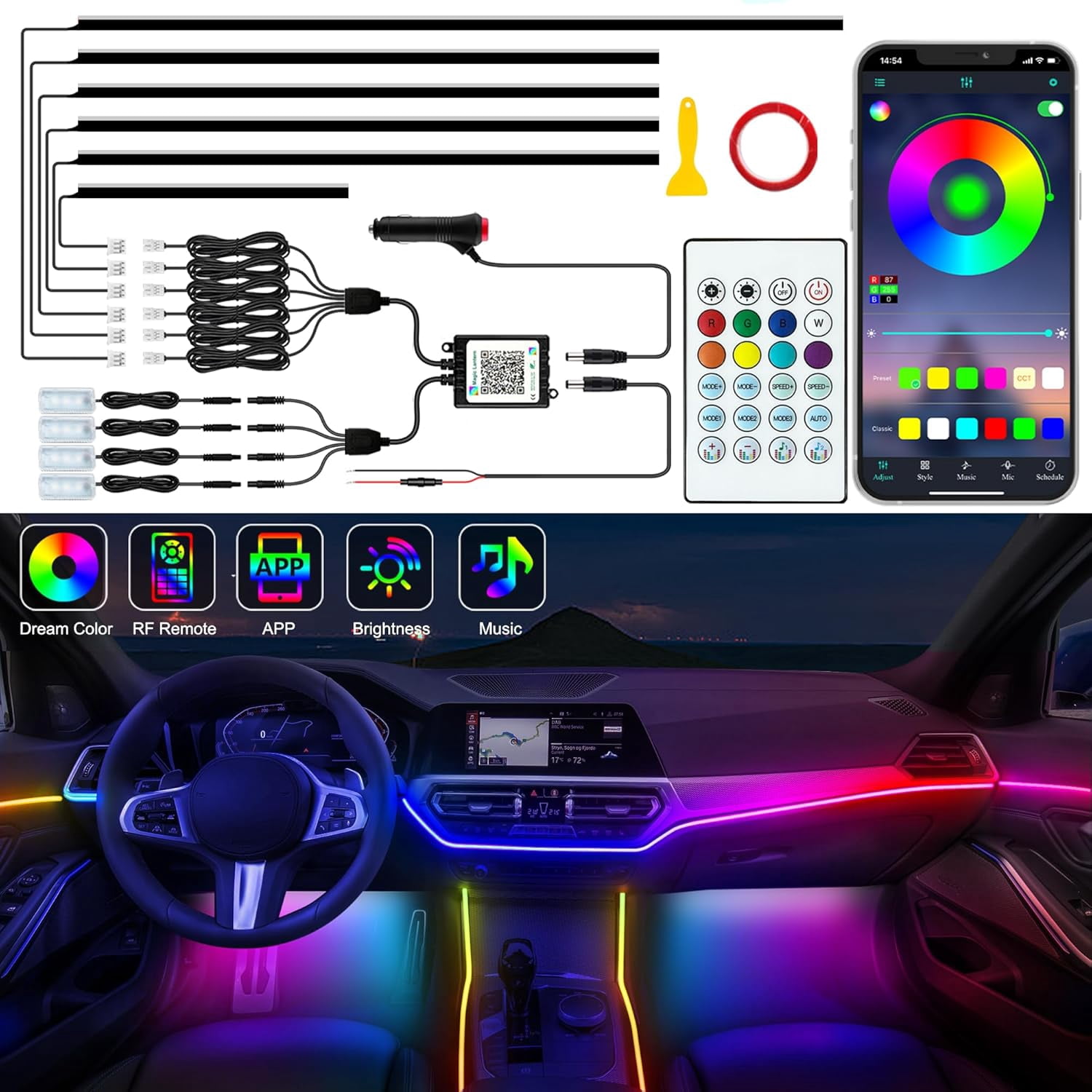 Interior Car LED Strip Lights, Acrylic LED Lights for Car with Dynamic ...