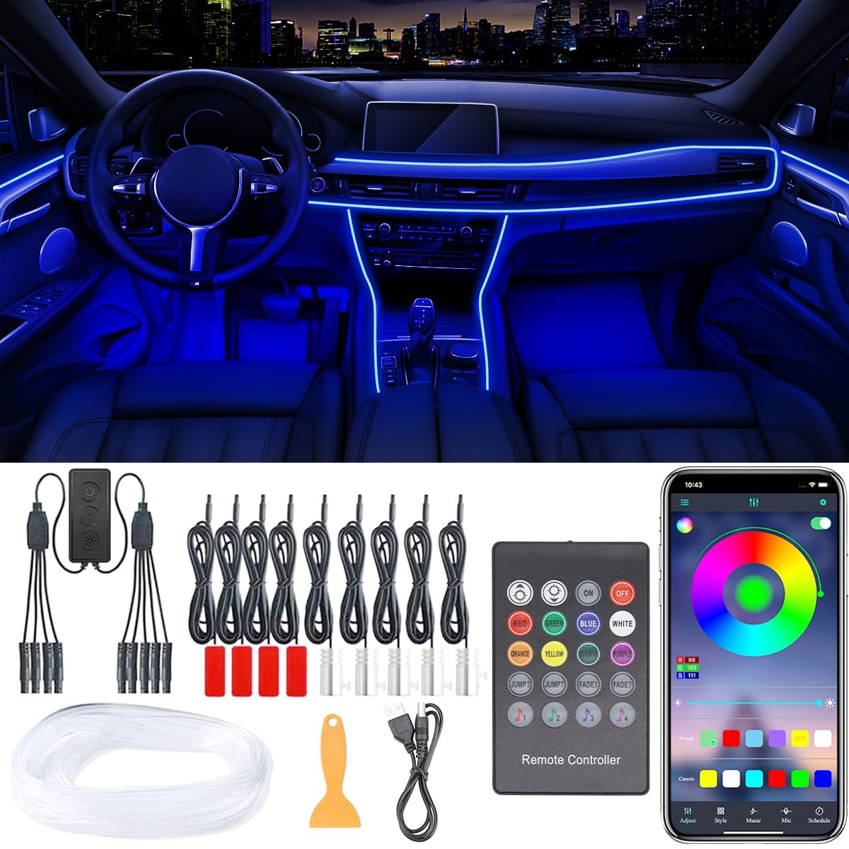 Interior Car Lights, 9 IFF17 in 1 Car LED Strip with Wireless APP/RF ...