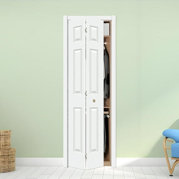 Interior White Primed 6 panel Hollow Core Wood Bifold Closet Doors With ...