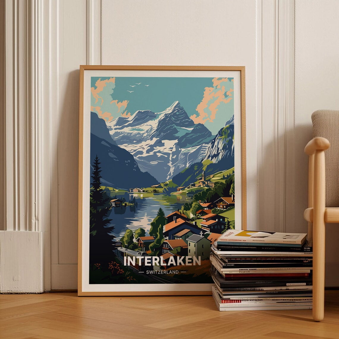 Interlaken Travel Poster, Switzerland Landscape Wall Art, Vintage Style ...