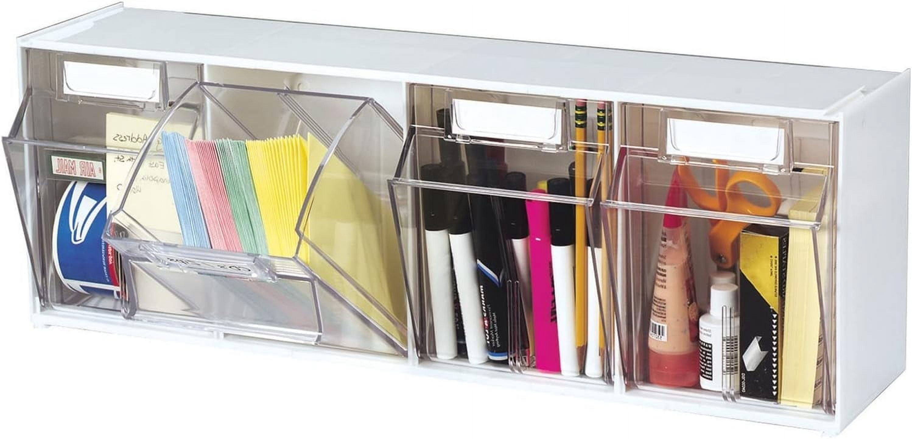 Interlocking Tilt Bin, 4 Bin Unit, Clear and White, 23-5/8” x 8-1/8” x ...