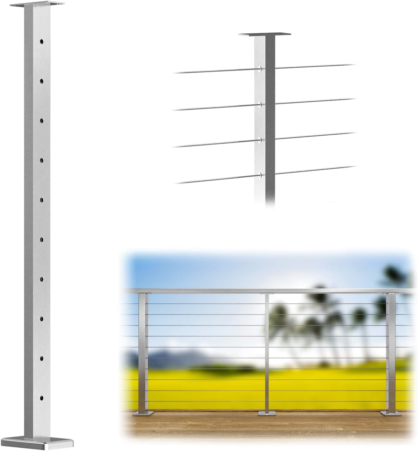 Intermediate Post Level 36"x1"x2" Drilled Fixed Top Cable Railing Post ...