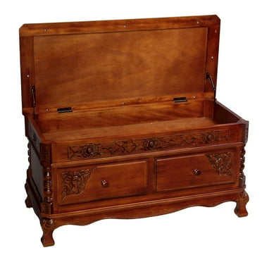Wooden Carved Storage Chest Seat with Cushion Top, Hardwood Trunk-Bench ...