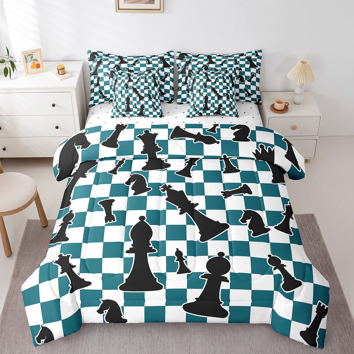 International Chess 7Pcs Comforter Set Full Size,Chess Board Check Bedding Set Teens Adult,Cool ...