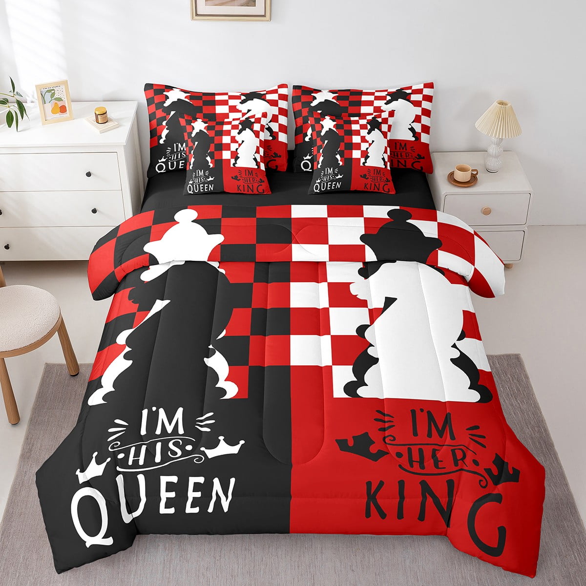 International Chess Bed In A Bag 7 Piece Red Black White Checkered Full Bedding Set With Sheets ...