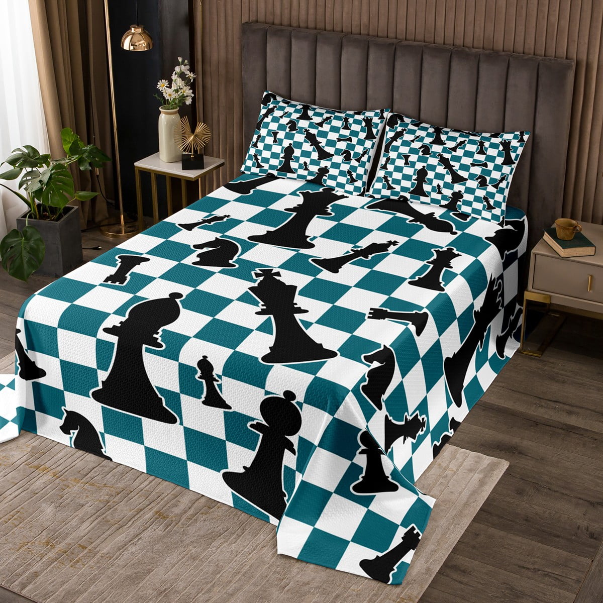 International Chess Bedspread King Size,Chess Board Check Bedding Set 3Pcs Teens Adult Room ...