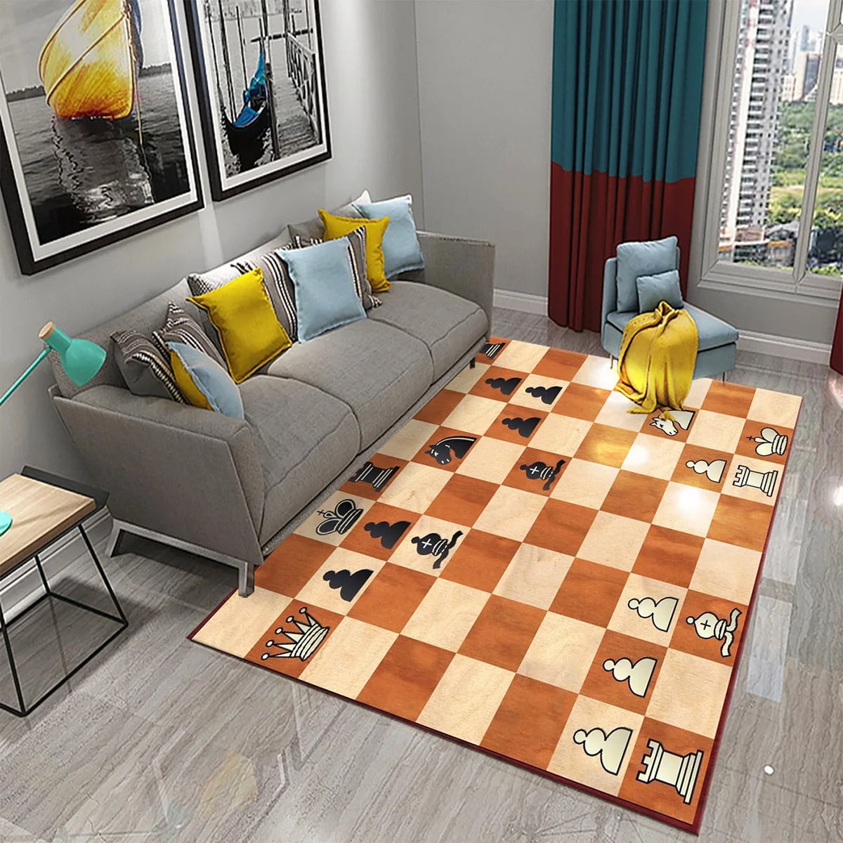 International Chess Chessboard Print Rectangle Carpet Area Rug Black ...
