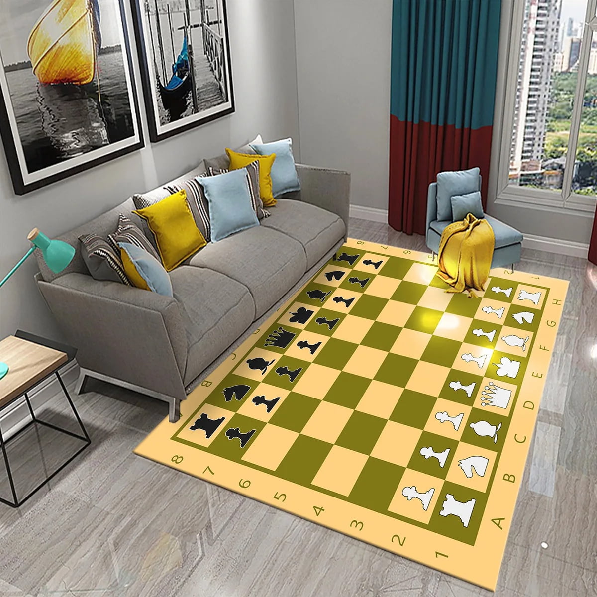 International Chess Chessboard Print Rectangle Carpet Area Rug Black ...