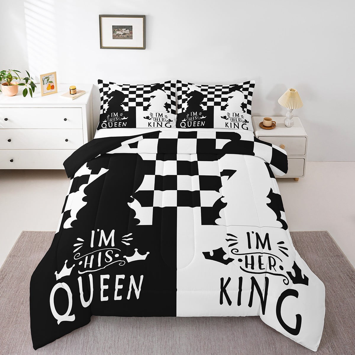 International Chess Down Comforter King,Black White Checkered Bedding Set Adults,Queen And King ...