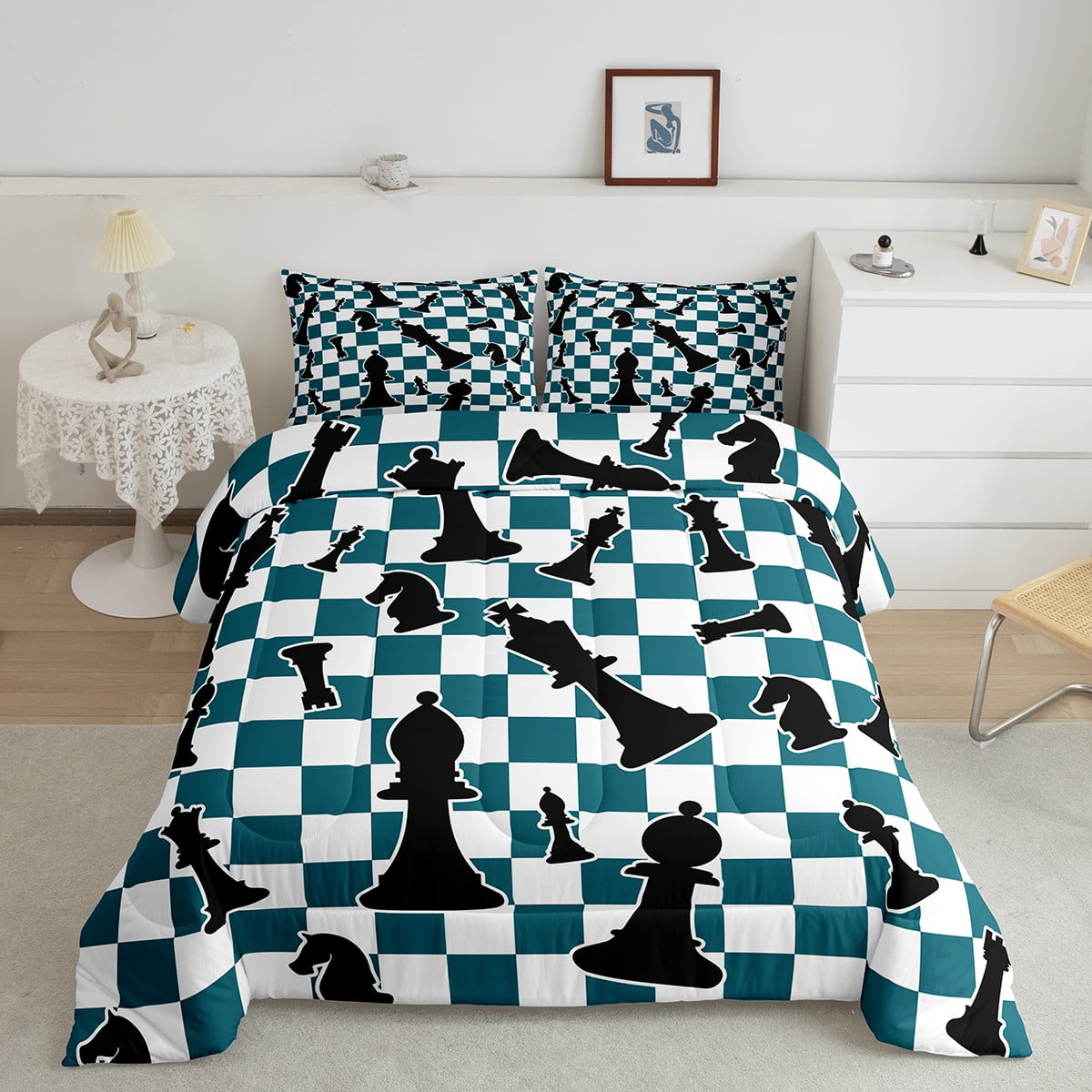 International Chess Comforter Set Twin Size,Chess Board Check Bedding Set 2Pcs Teens Adult Room ...