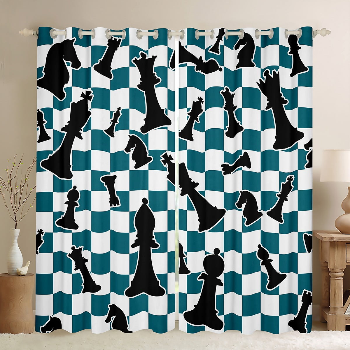 International Chess Window Curtain,Chess Board Check Curtains Teens ...