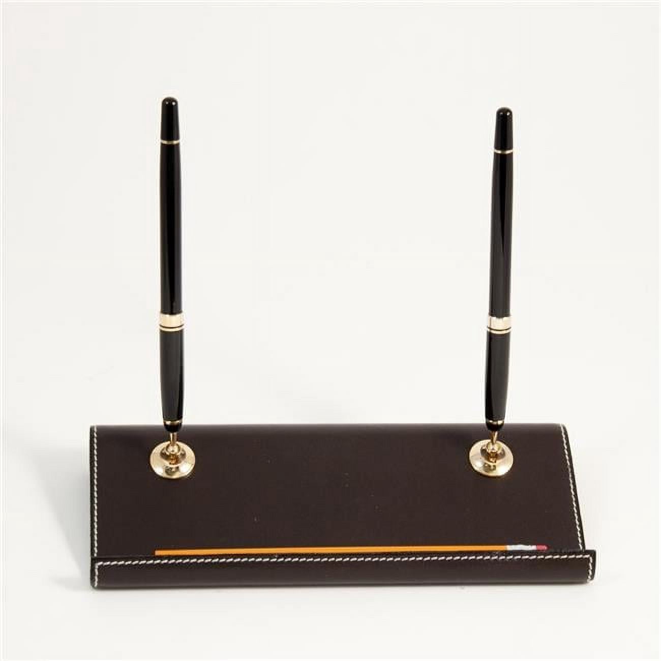 International Coco Brown Leather Double Pen Stand with Gold Plated ...