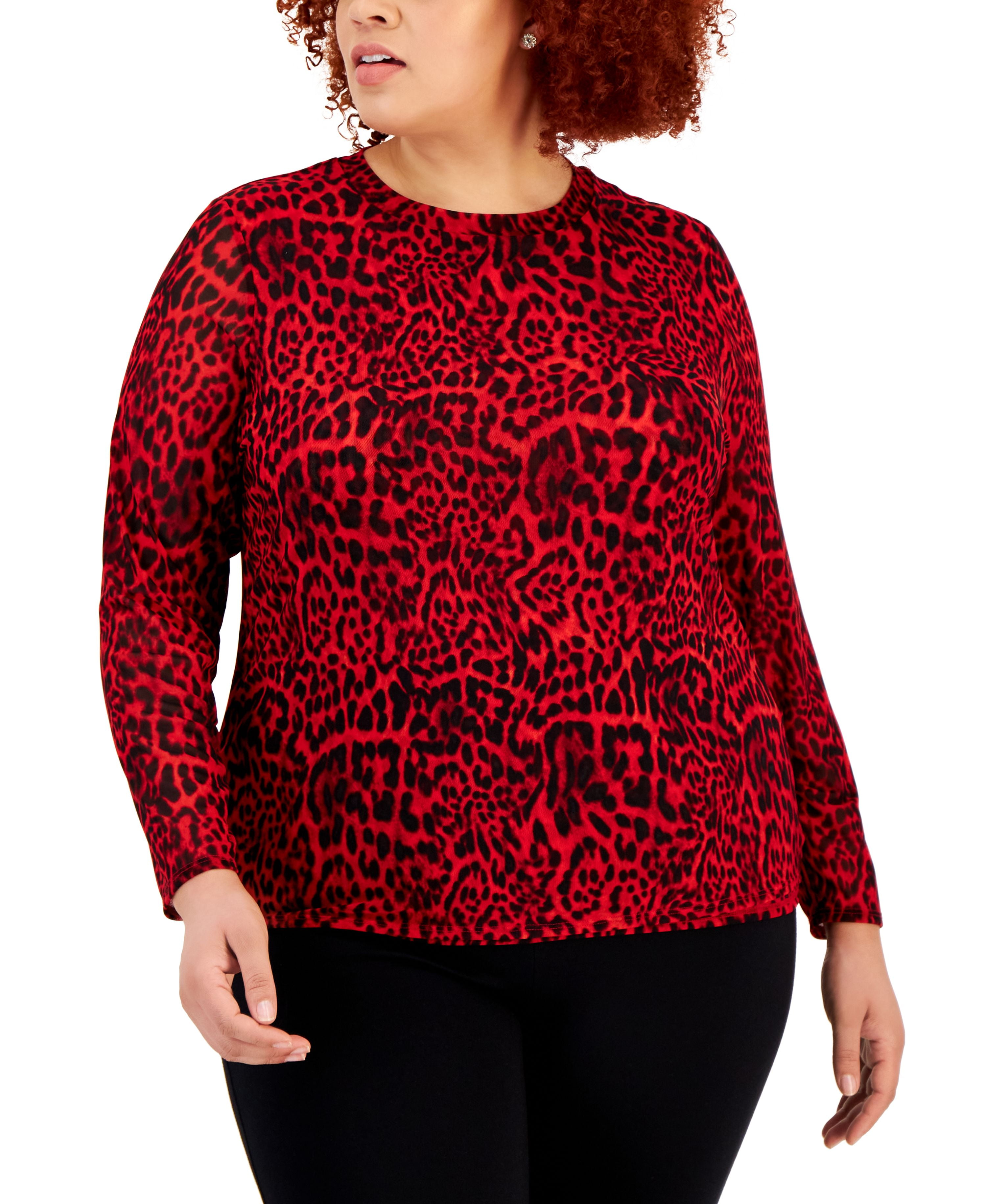 International Concepts Plus Size Animal Print Mesh Long Sleeve Top ...