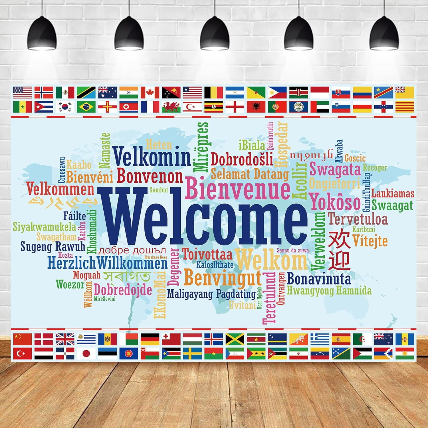 International Flag Backdrop Polyester Fabric World Map Welcome Banner ...