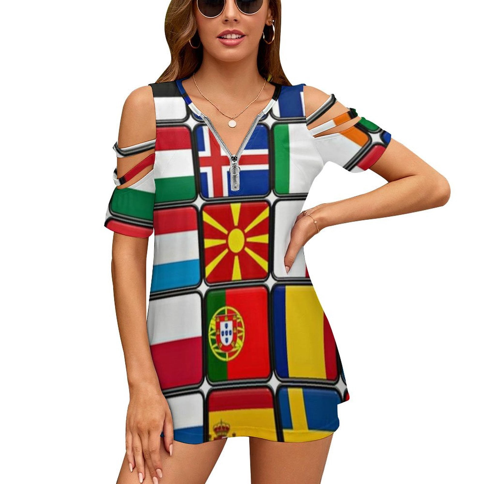 International Flag Collage New Fashion Zip Off Shoulder Top Short ...