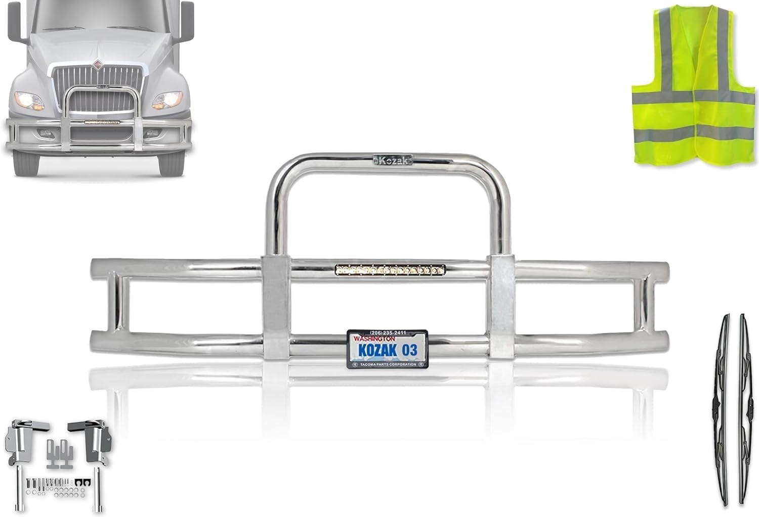 International LT625 Grille Deer Bumper Guard w/ Built in 16'' LED Bar ...
