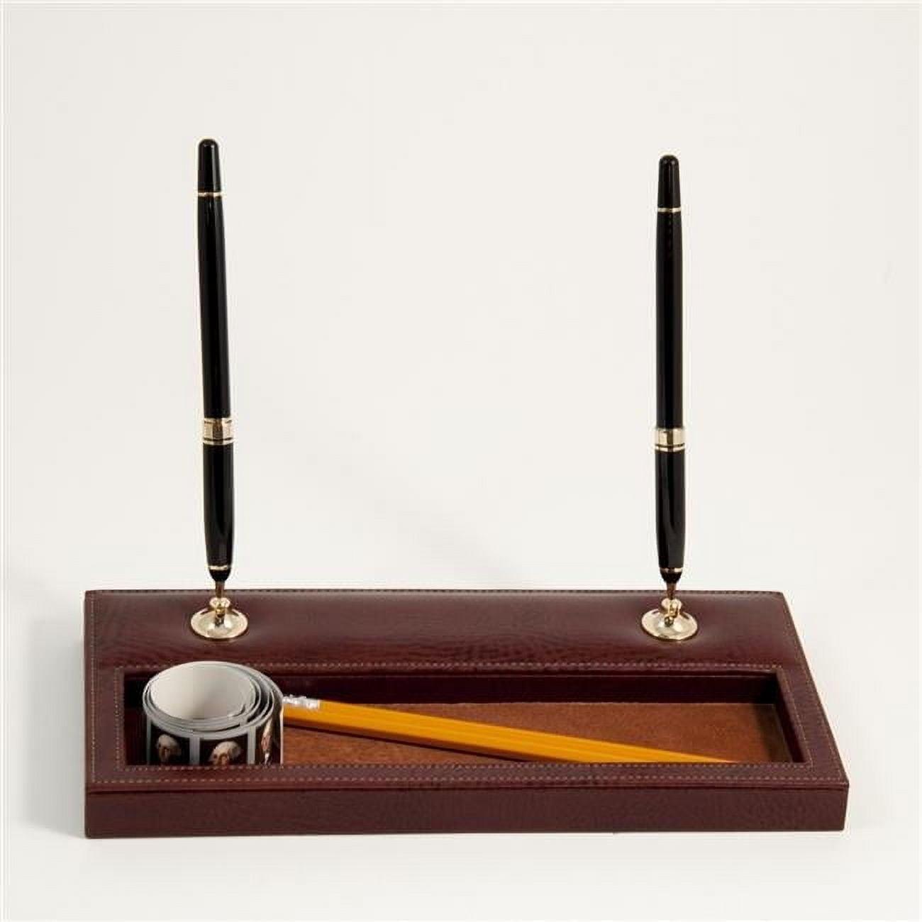 International Tan Leather Double Pen Stand with Gold Plated Accents ...