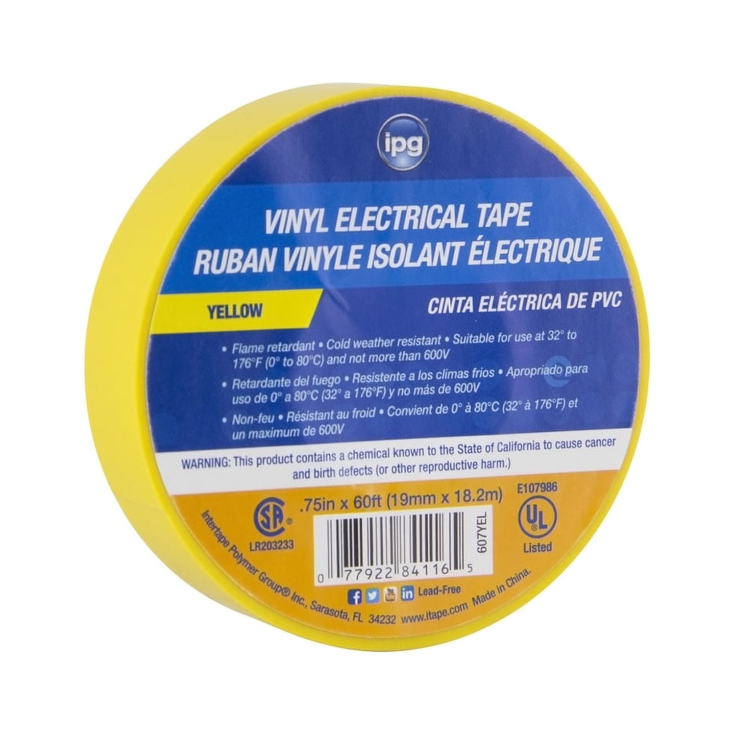 IPG 85830 Electrical Tape, 60 ft L, 3/4 in W, PVC Backing, Yellow - Walmart.com