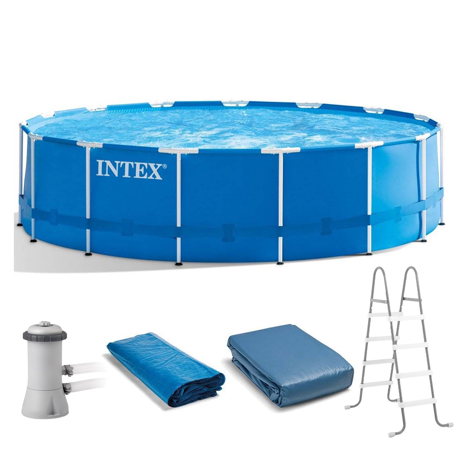 Intex 15ft x 48in Metal Frame Above Ground Pool Set with Ladder & 1000 ...
