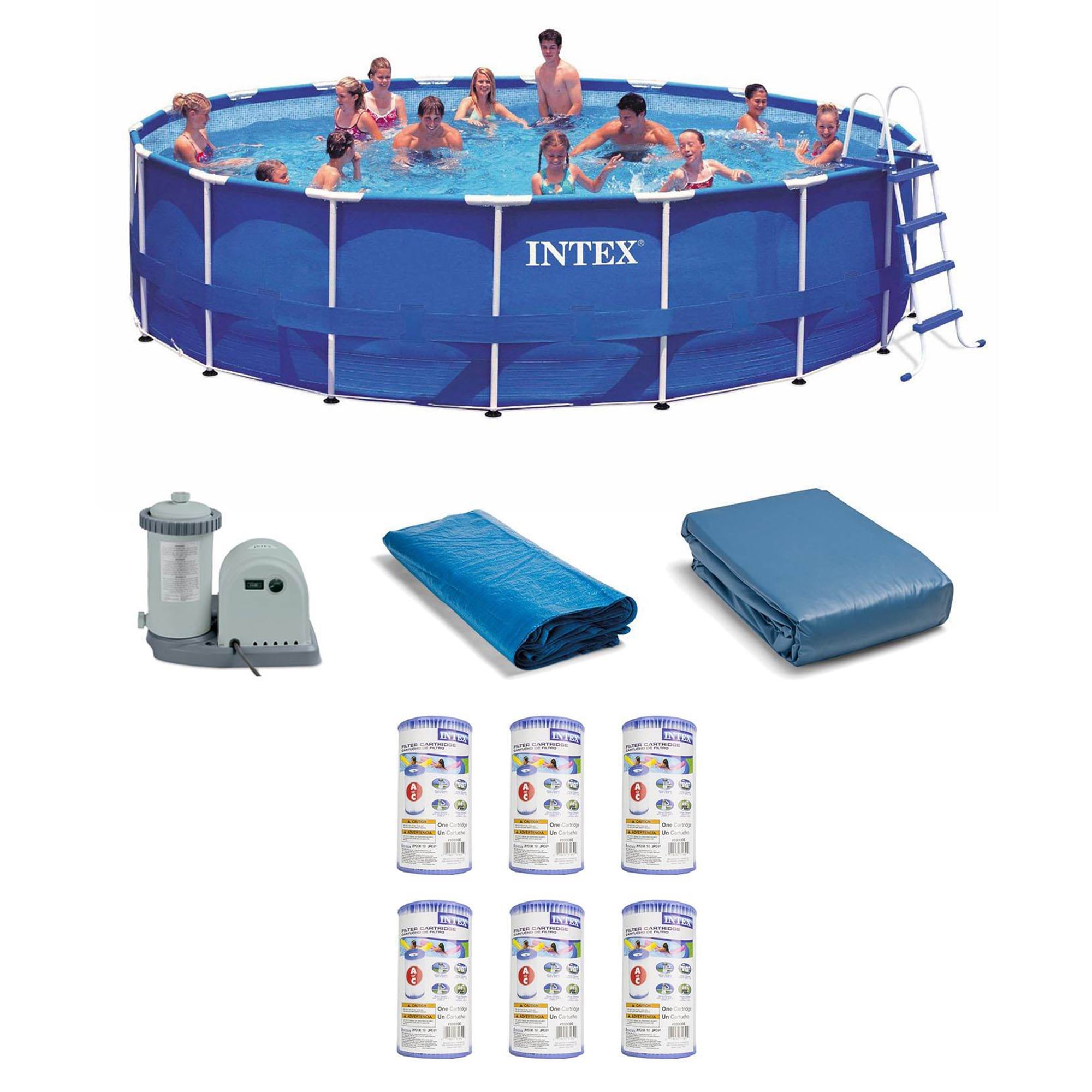 Intex 18ft x 48in Outdoor Metal Frame Ground Pool Set with Pump + 6 ...