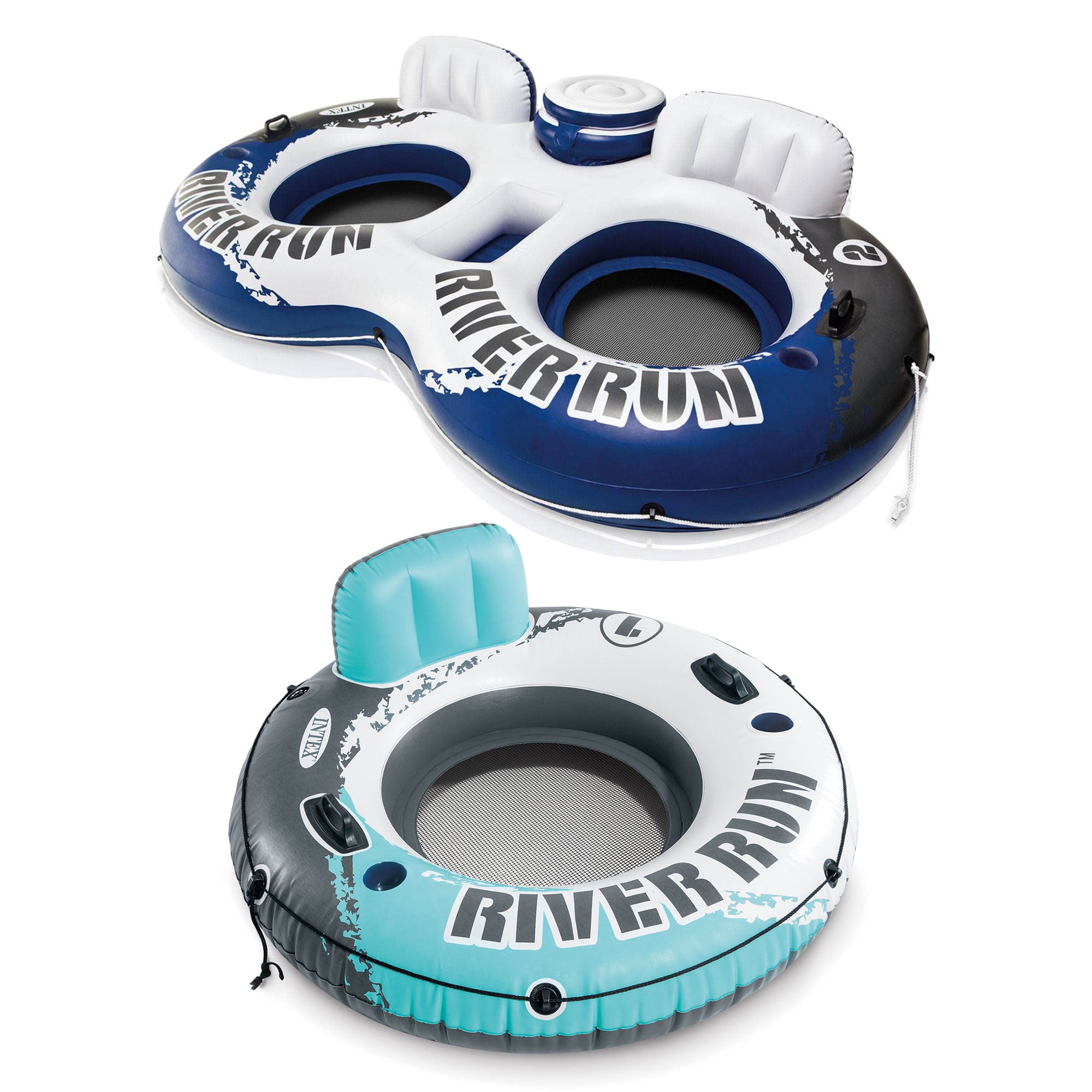 Intex River Run Inflatable 2 Rider Float w/ Cooler + River Run Single ...