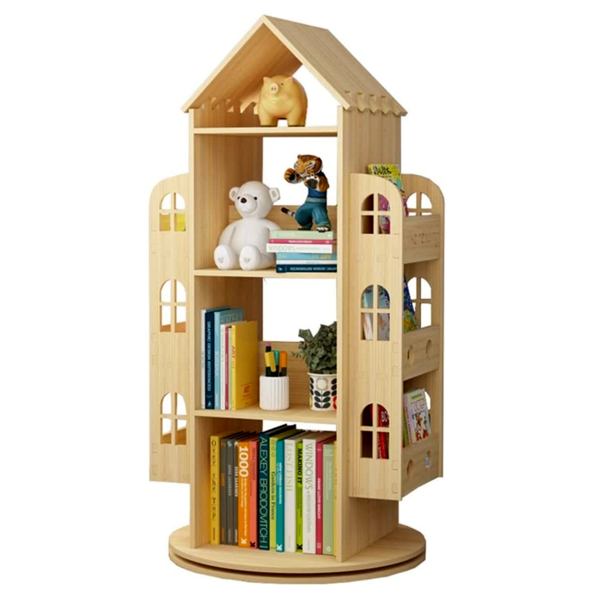 Intexca 4-Tier Rotating House-Shaped wooden Bookshelf - Walmart.com