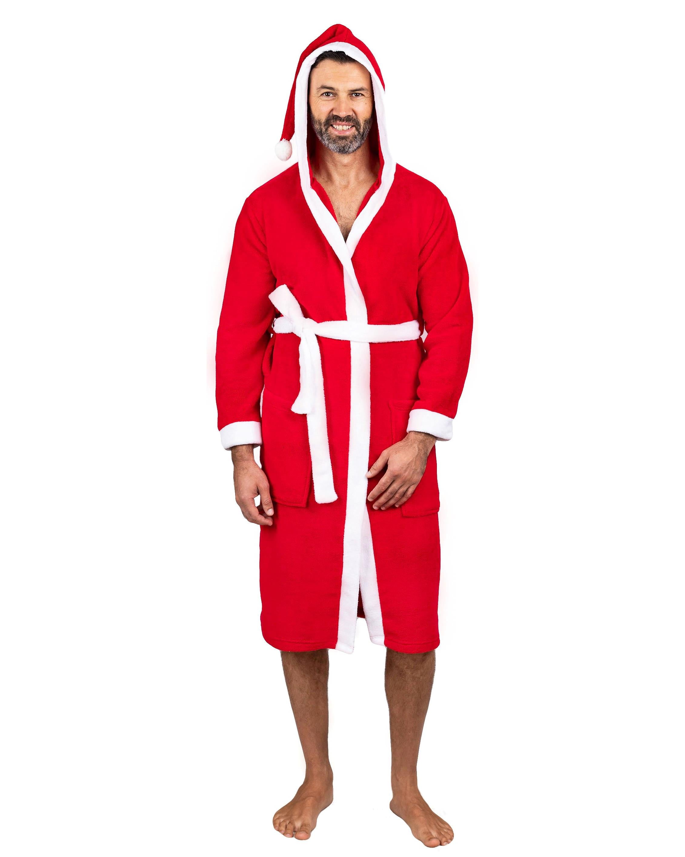 Intimo Mens Christmas Bathrobe, Red Plush Fabric, Hooded Santa Robe ...