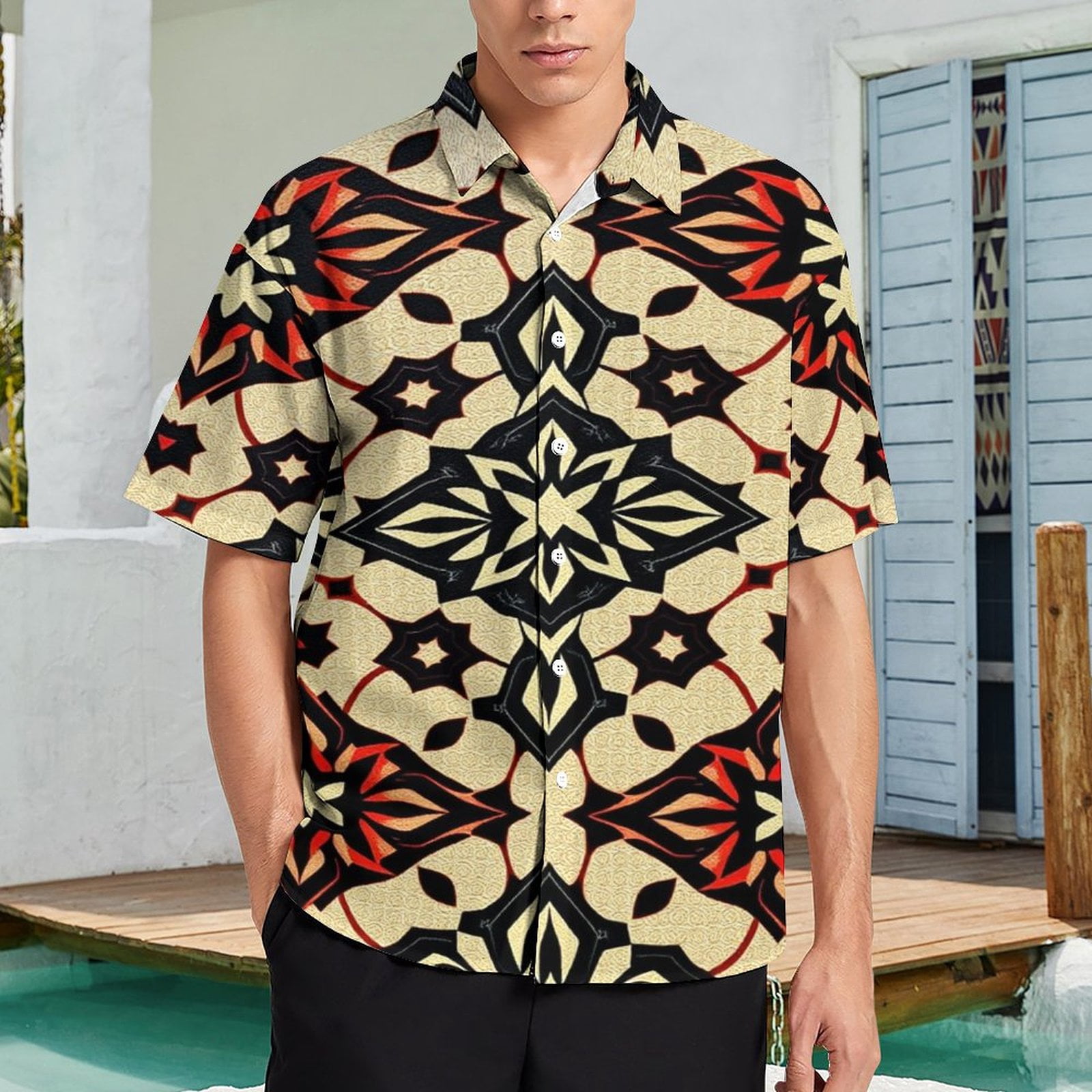 Intricate Beige Black Red Floral Pattern Shirt Casual Shirts Men Cool ...