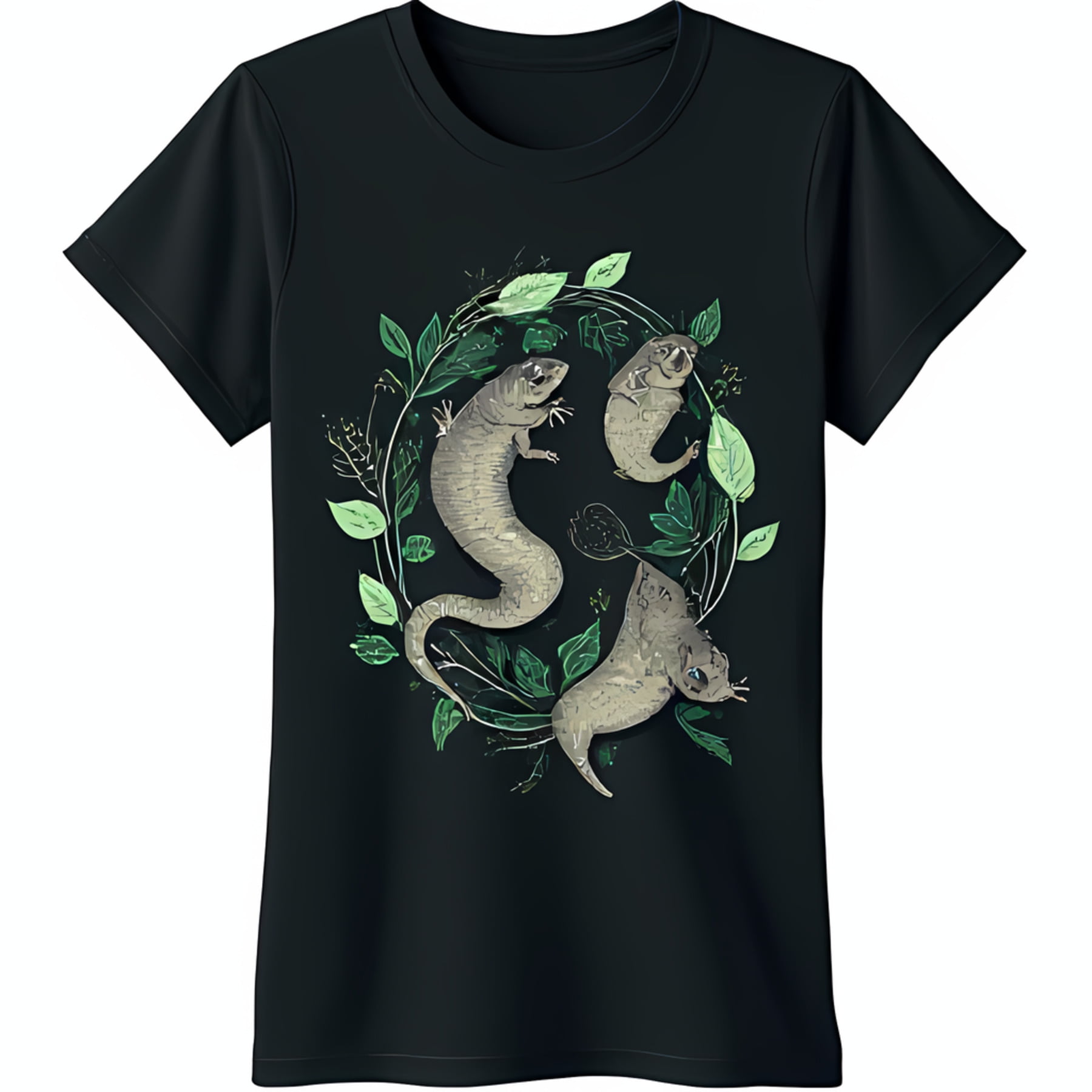 Intricate Black T-Shirt with Intertwined Lizards and Green Foliage ...