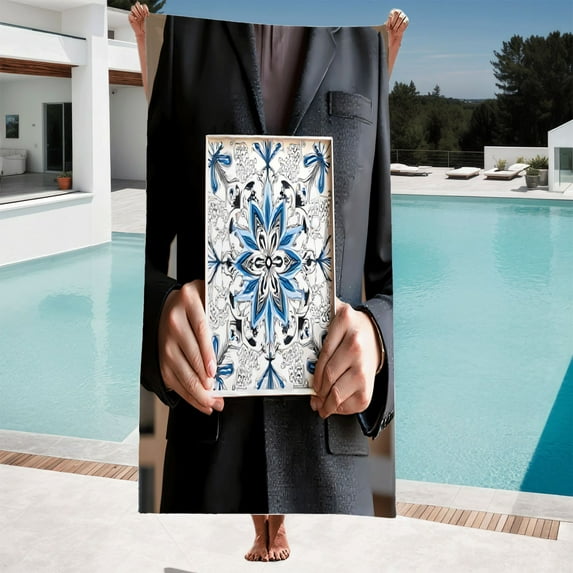 Intricate Blue & Black Floral Pattern Beach Towel - Stylish Bath & Pool ...