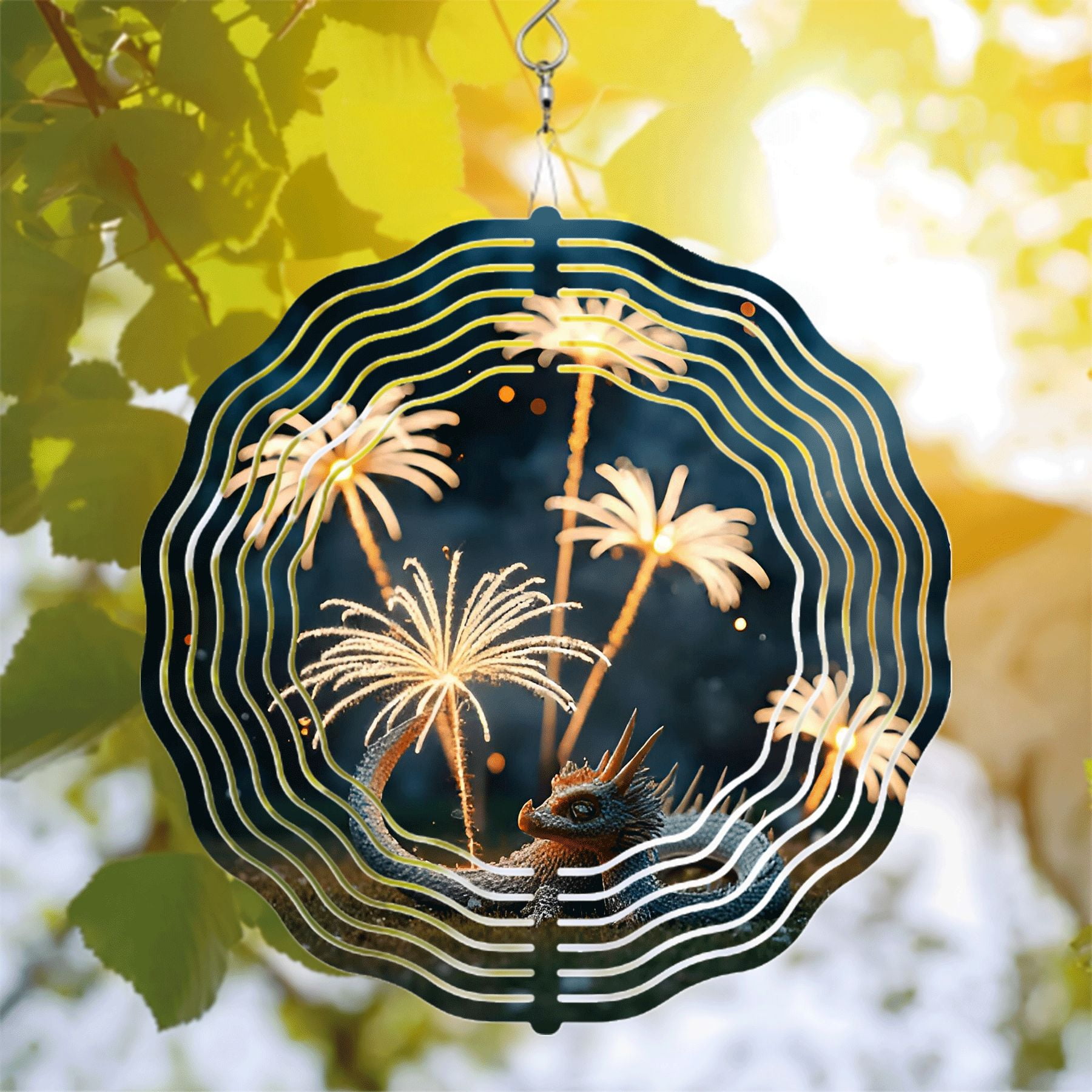 Intricate Dragon Design Metal Wind Spinner & Chime - Vibrant Fireworks ...
