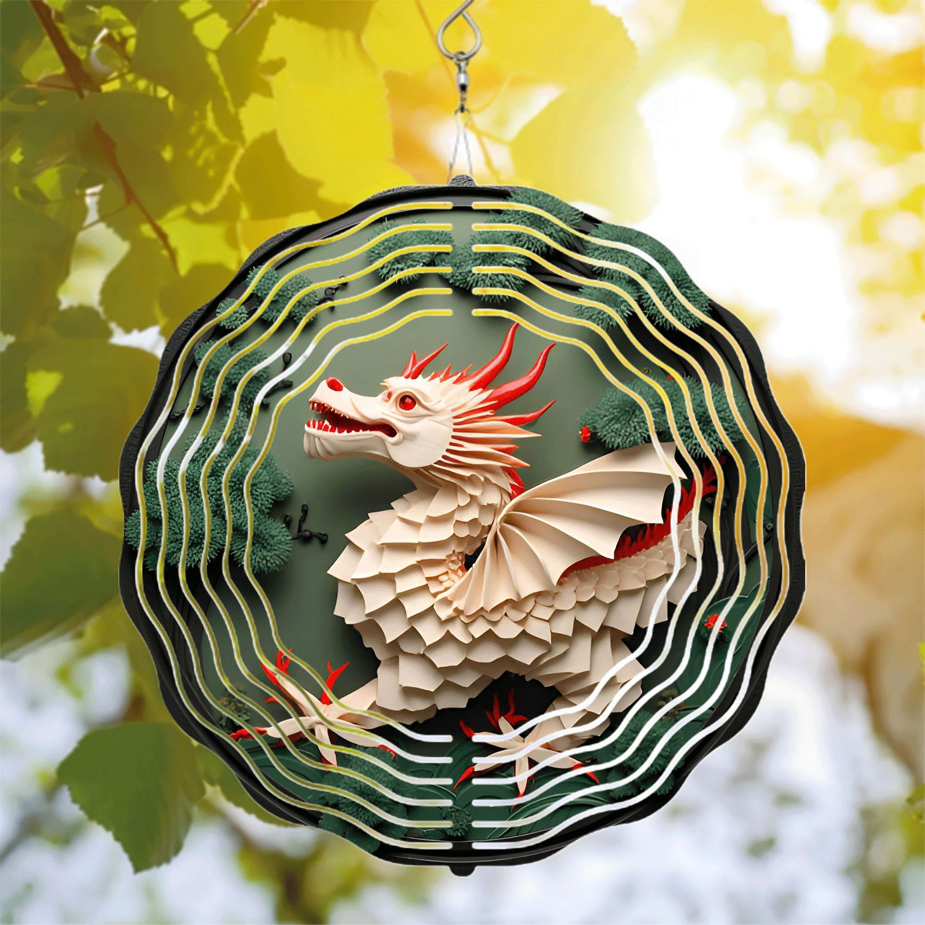 Intricate Dragon Metal Wind Spinner & Chime - Layered Scales Teeth Red ...