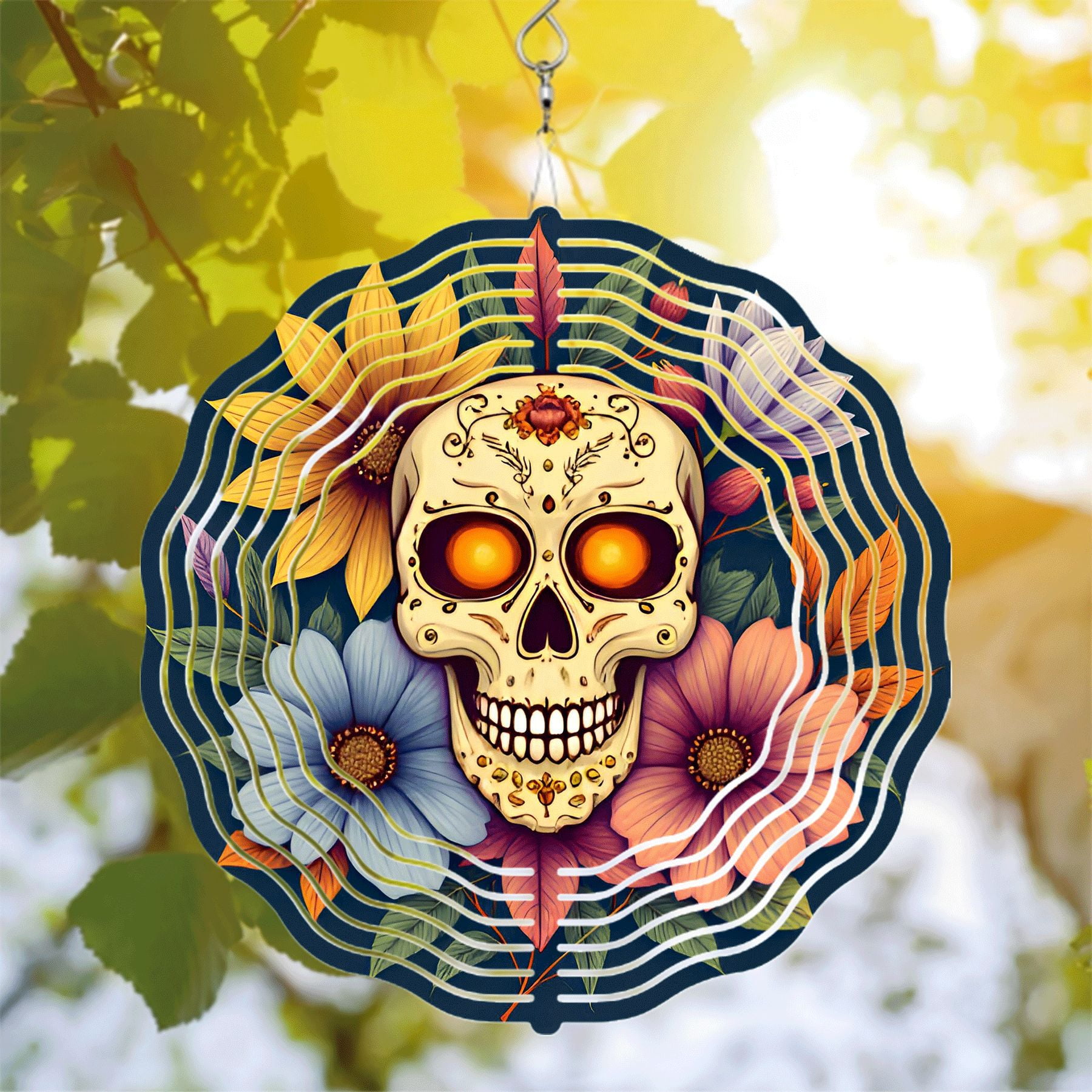 Intricate Floral Skull Metal Wind Spinner & Chime - Vibrant Patterns ...