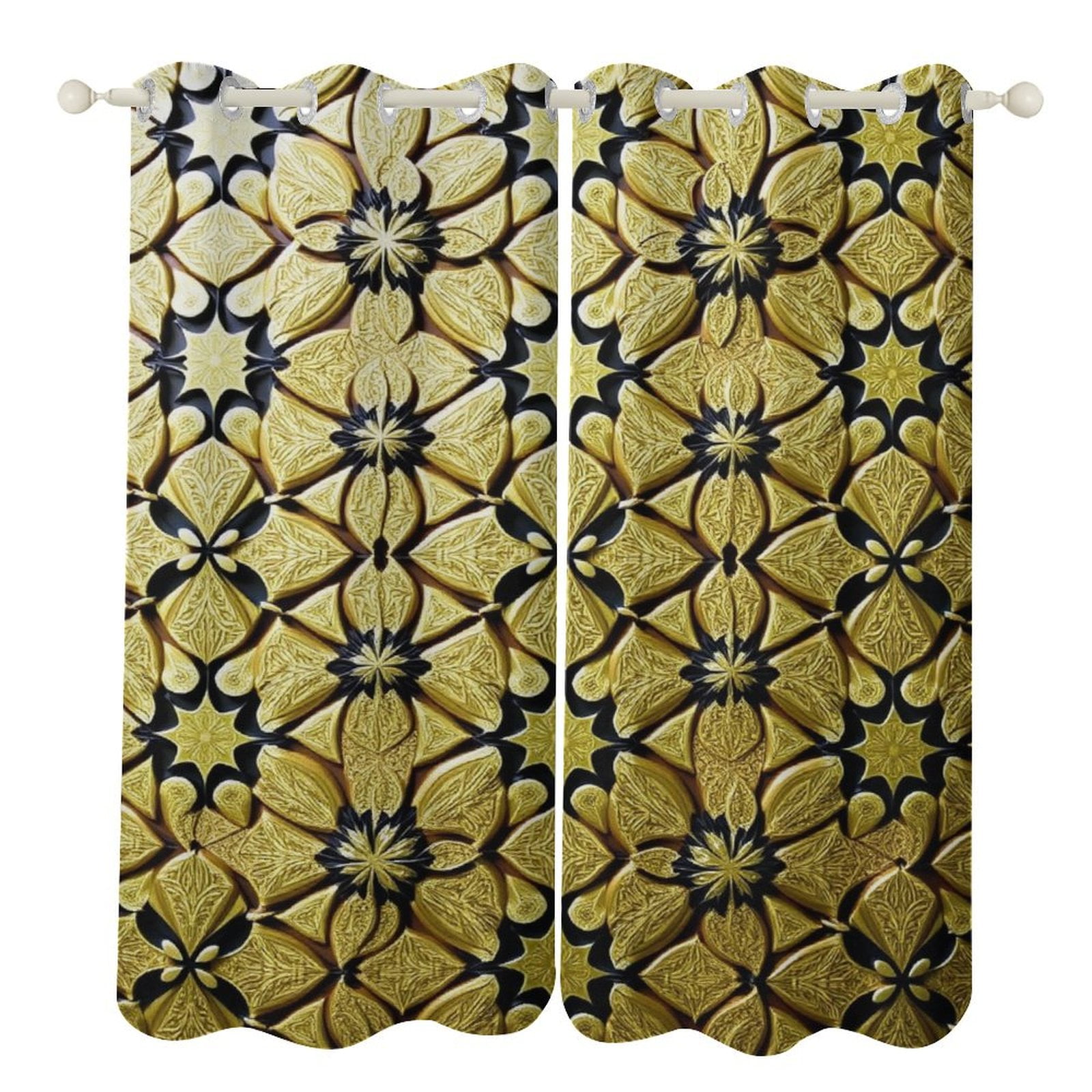 Intricate Golden Floral Embossed Pattern 2 Pieces Window Drape Curtain ...