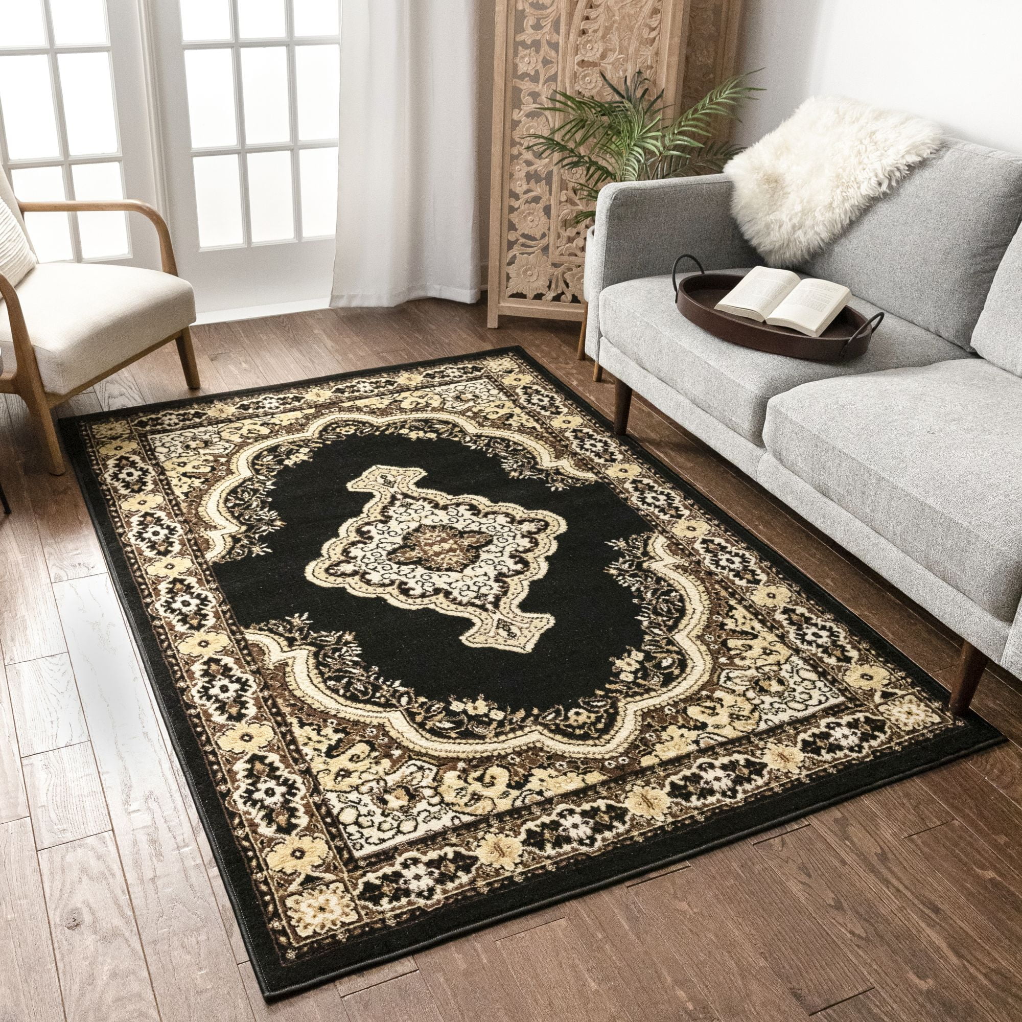 Intricate Medallion Black 5x7 ( 5' x 7' ) Traditional European Floral ...