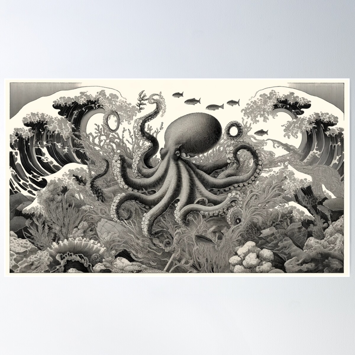 Intricate Monochrome Octopus In Deep Sea Poster Wall Art, Modern Wall ...