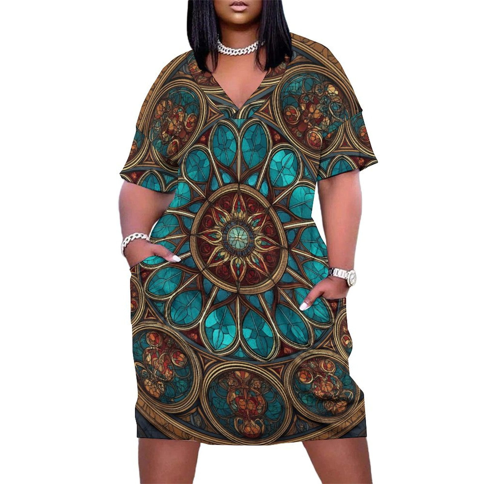 Intricate Turquoise Gold Stained Glass Rose Window Summer Sundress for ...