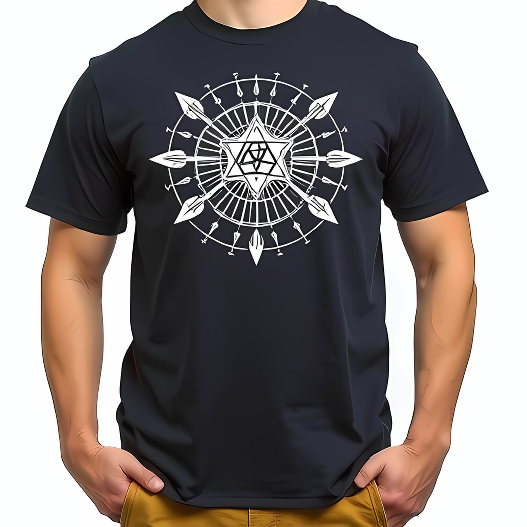 Intricate White Circular Pattern T-Shirt on Dark Navy Blue - Geometric Design with Star Symbol ...