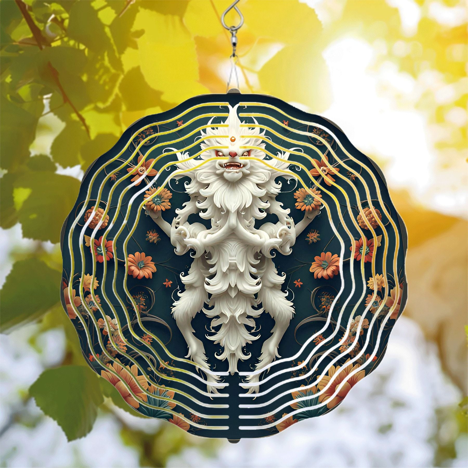 Intricate White Mythical Beast Metal Wind Spinner with Floral Motifs ...