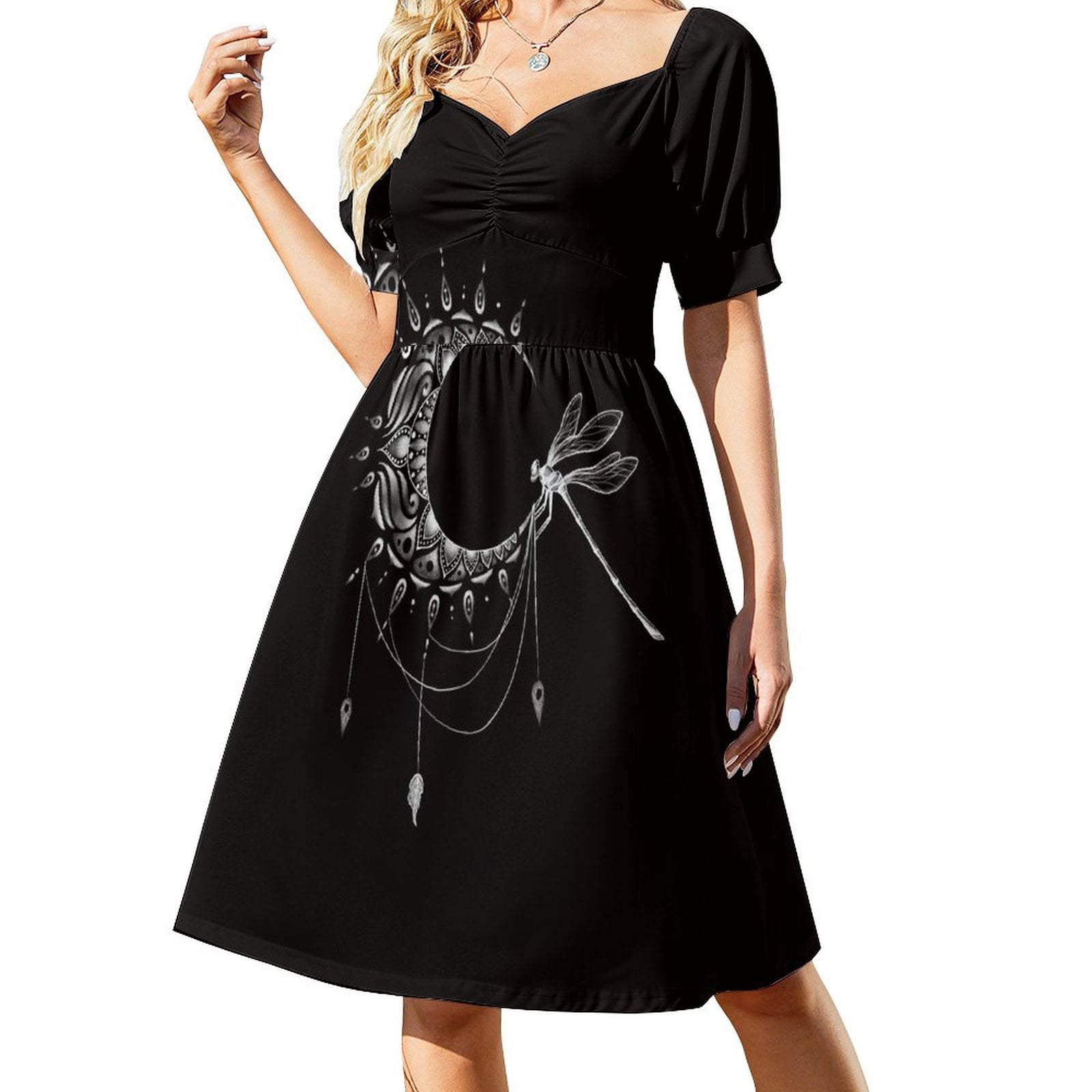 Intrie Half Crescent Moon with Dragonfly Tattoo Design Dress Bridesmaid ...