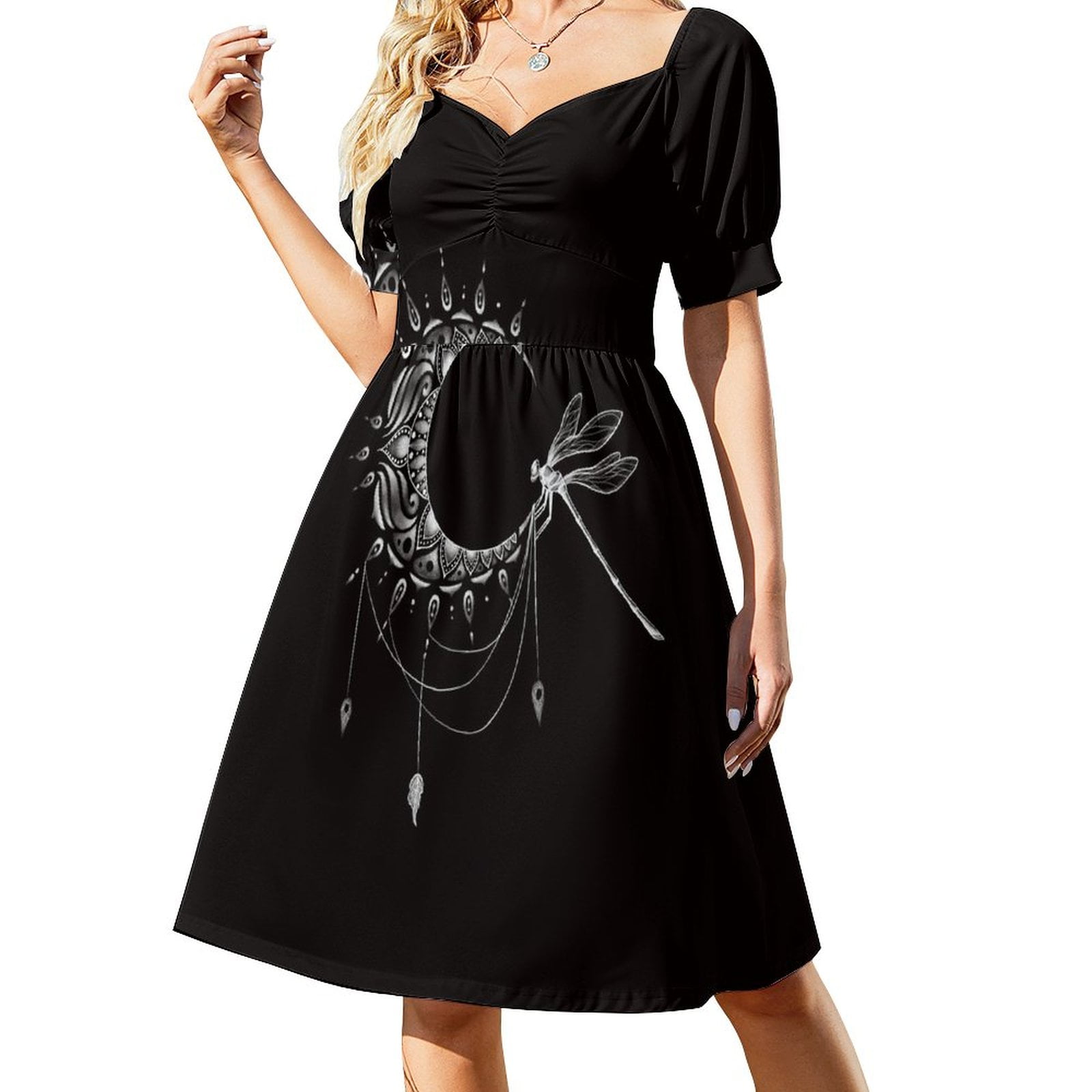 Intrie Half Crescent Moon with Dragonfly Tattoo Design Sleeveless Dress ...