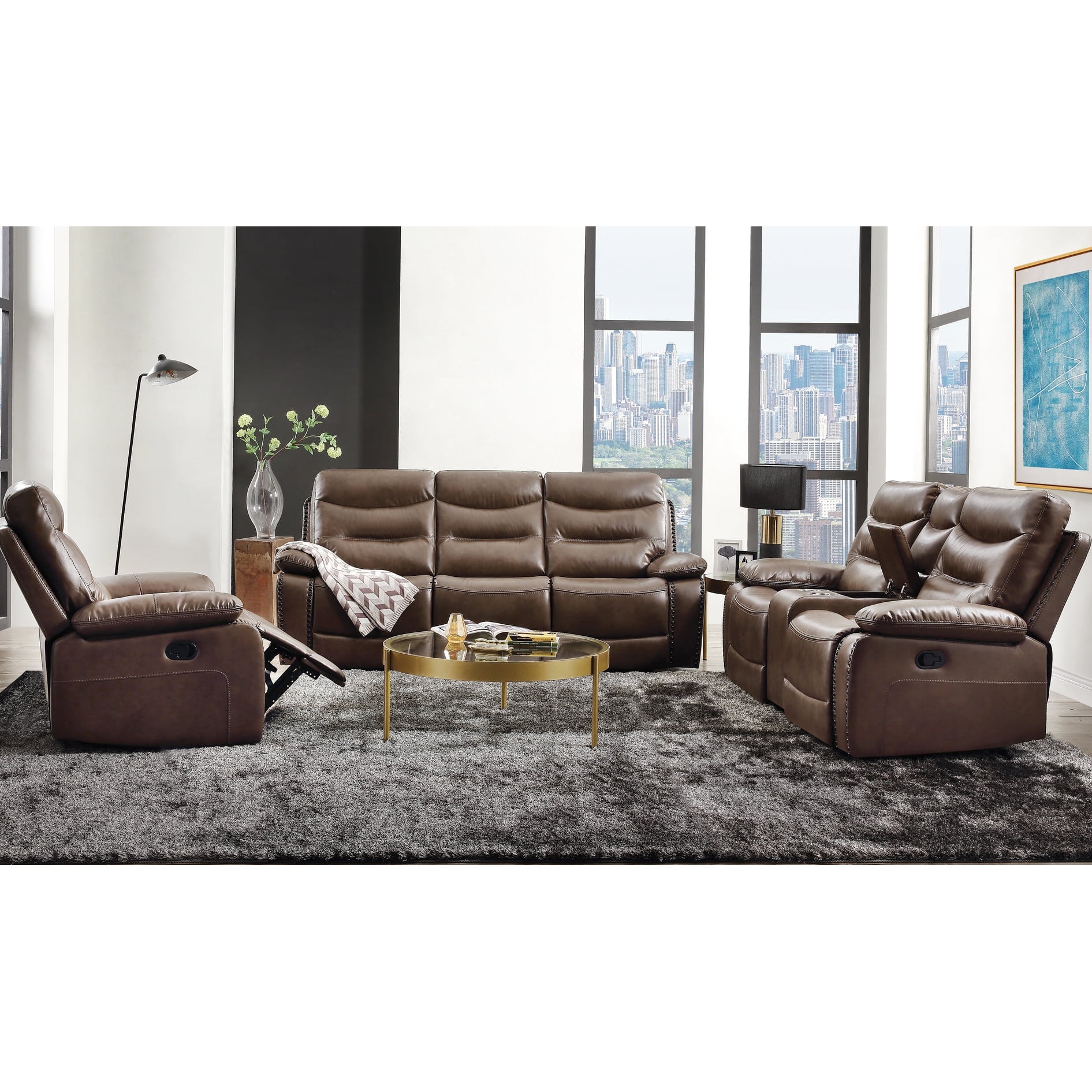 Intriguing Brown Leather-gel Match Recliner Living Room Configuration ...