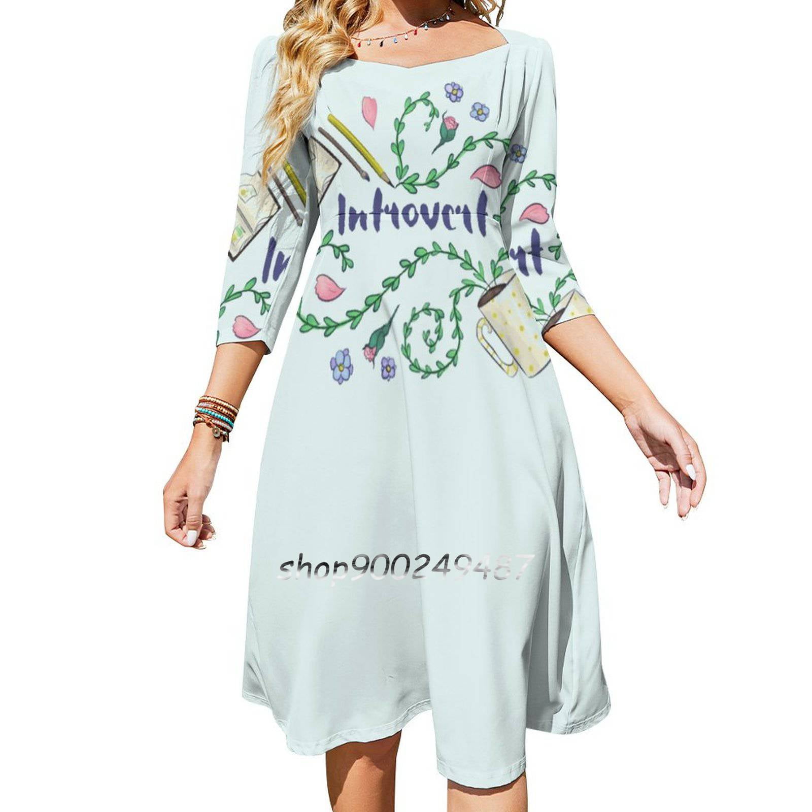 Introvert Flare Dress Square Neck Dress Elegant Female Fashion Printed ...