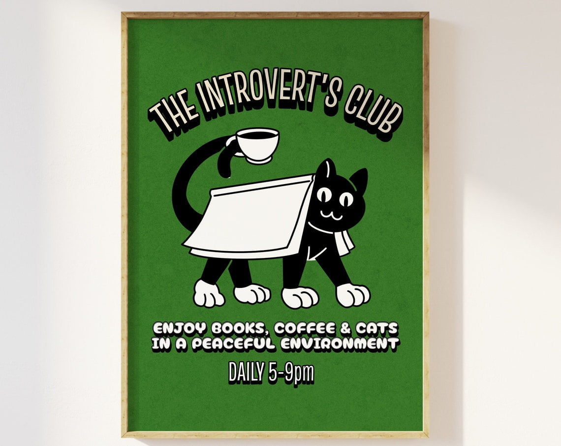 The Introvert'S Club Retro Print - Fun Retro Wall Art, Vintage Cats ...